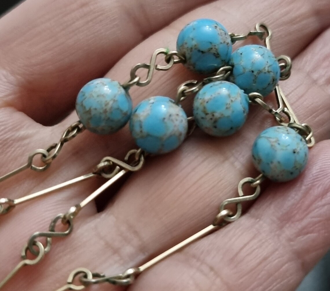 Antique HUBBELL Turquoise Glass and Rolled Gold Links Art Deco Necklace ...