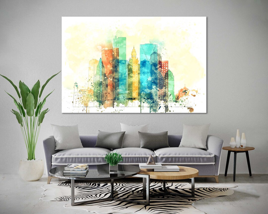 Miami Watercolor Canvas Prints Wall Art Miami Skyline Canvas Living ...