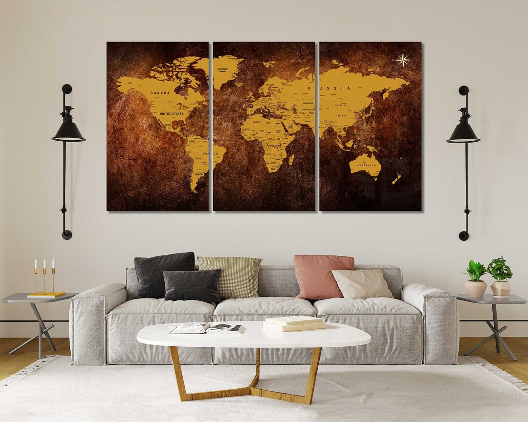 Old World Map Decor for Living Room, World Map Print Canvas, World Map ...