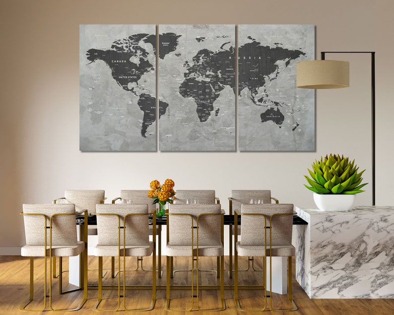 World Map Print – Black and Grey Wall Art | Modern Travel Map Poster ...