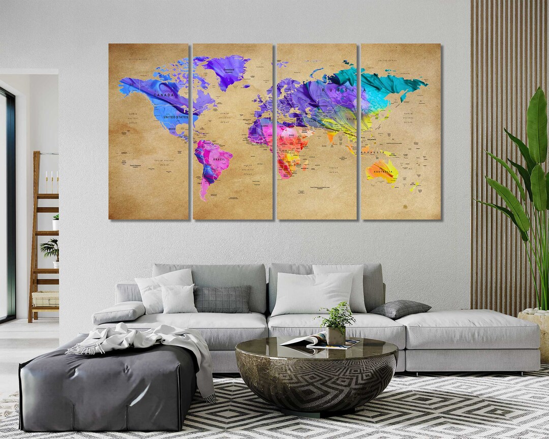Colorful World Map Print Canvas World Map Contemporary Art - Etsy