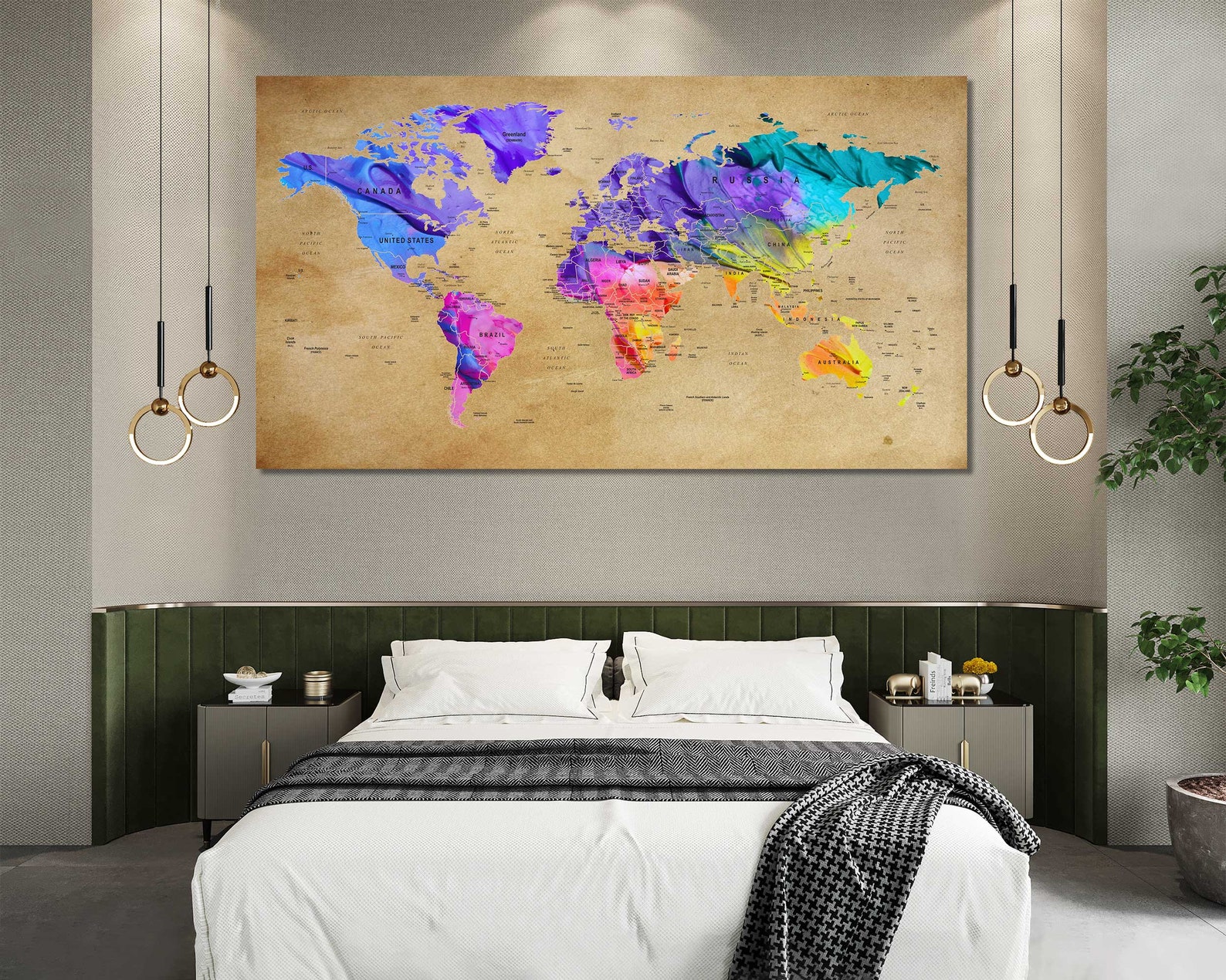 Colorful World Map Print Canvas, World Map Contemporary Art for Wall ...