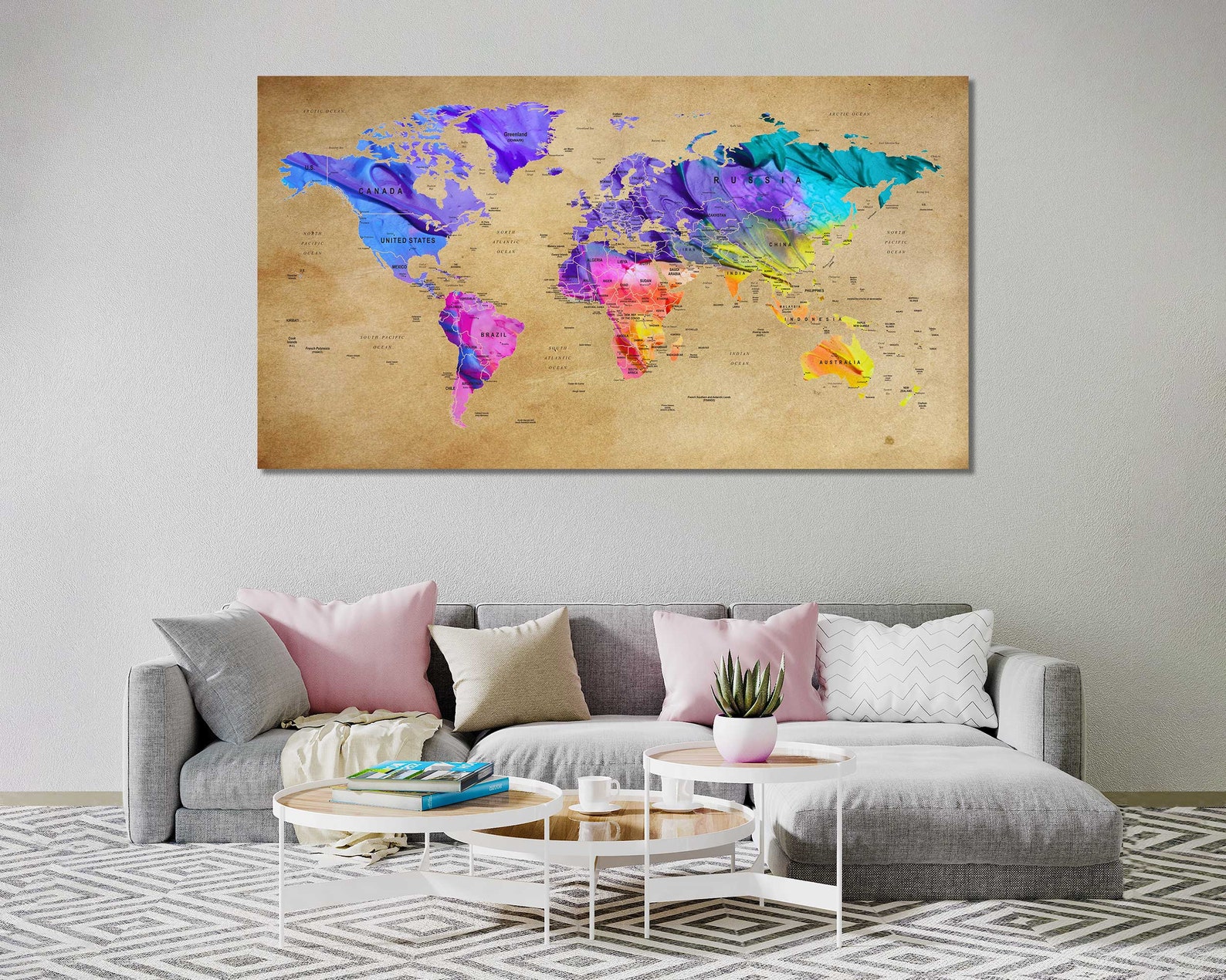 Colorful World Map Print Canvas, World Map Contemporary Art for Wall ...