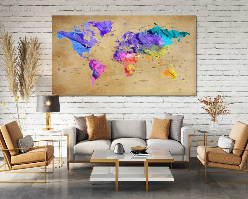 Colorful World Map Print Canvas, World Map Contemporary Art for Wall ...