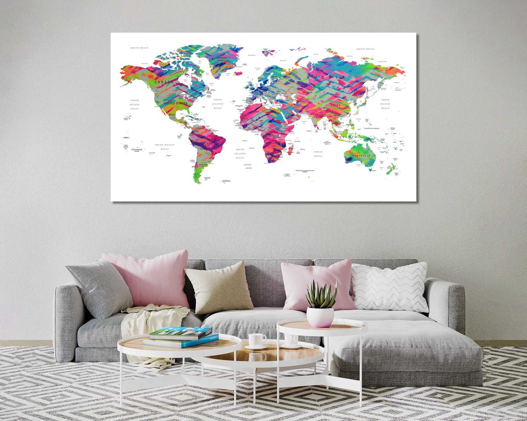 Watercolor World Map Print Canvas, World Map Design Art, World Map ...