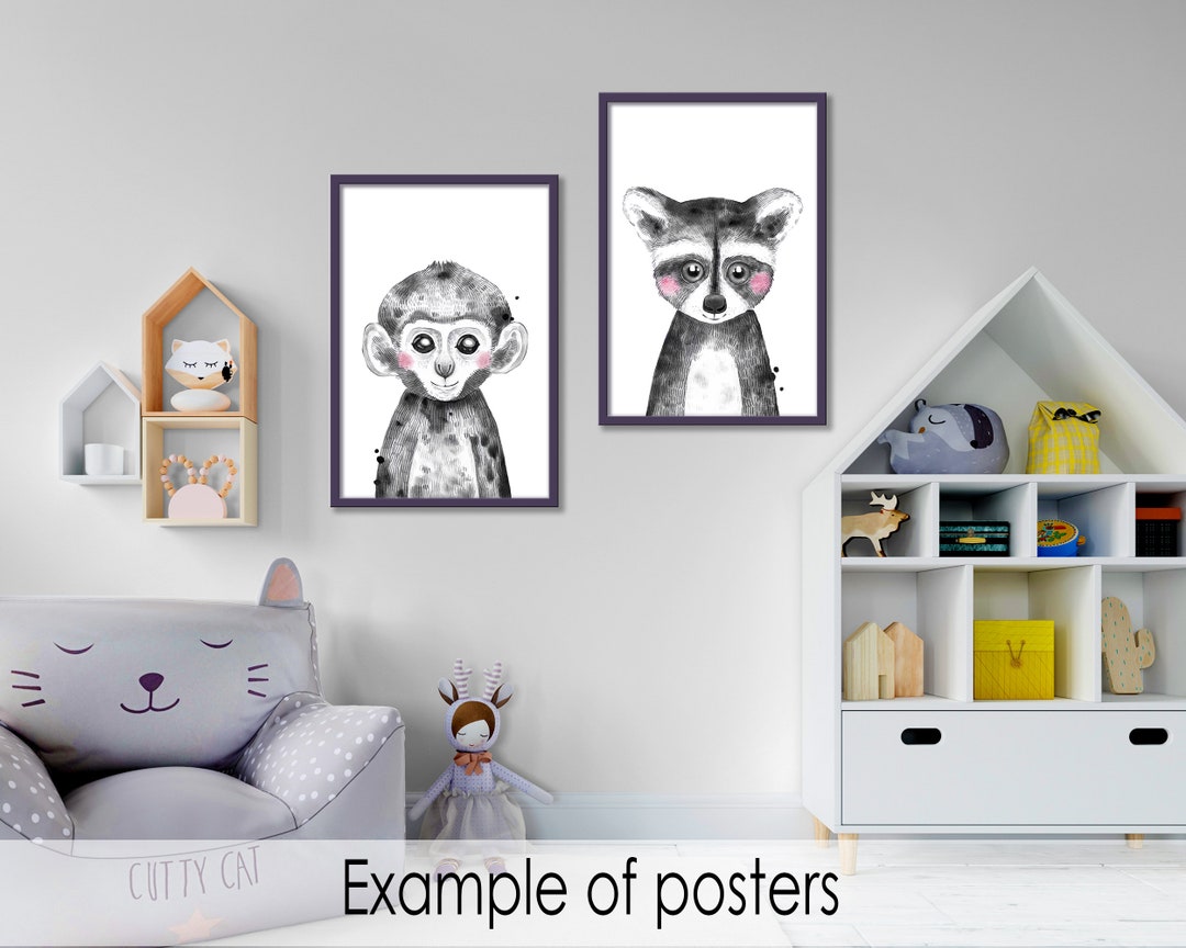 Monkey and Raccoon Watercolor Posters for Kids Bedroom, Animals Print ...