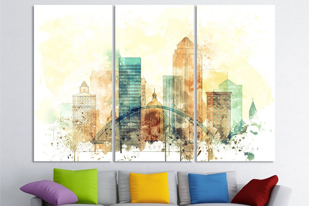 Des Moines Watercolor Canvas Print Wall Art Des Moines Skyline | Etsy