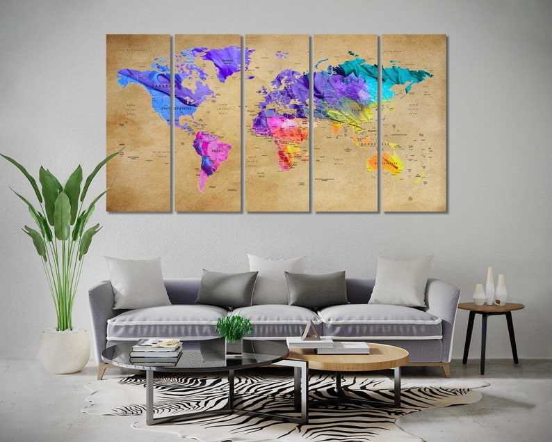Colorful World Map Print Canvas, World Map Contemporary Art for Wall ...