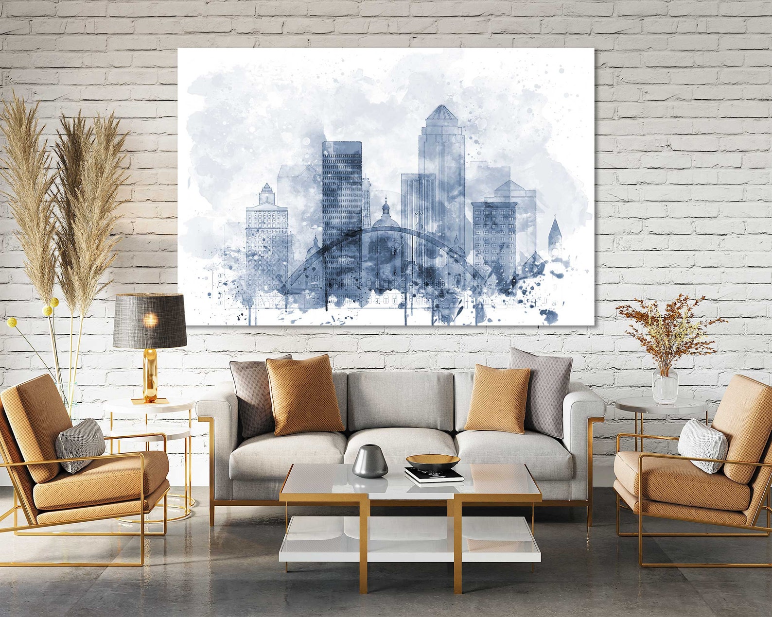 Des Moines Watercolor Canvas Print Wall Art Des Moines Skyline | Etsy