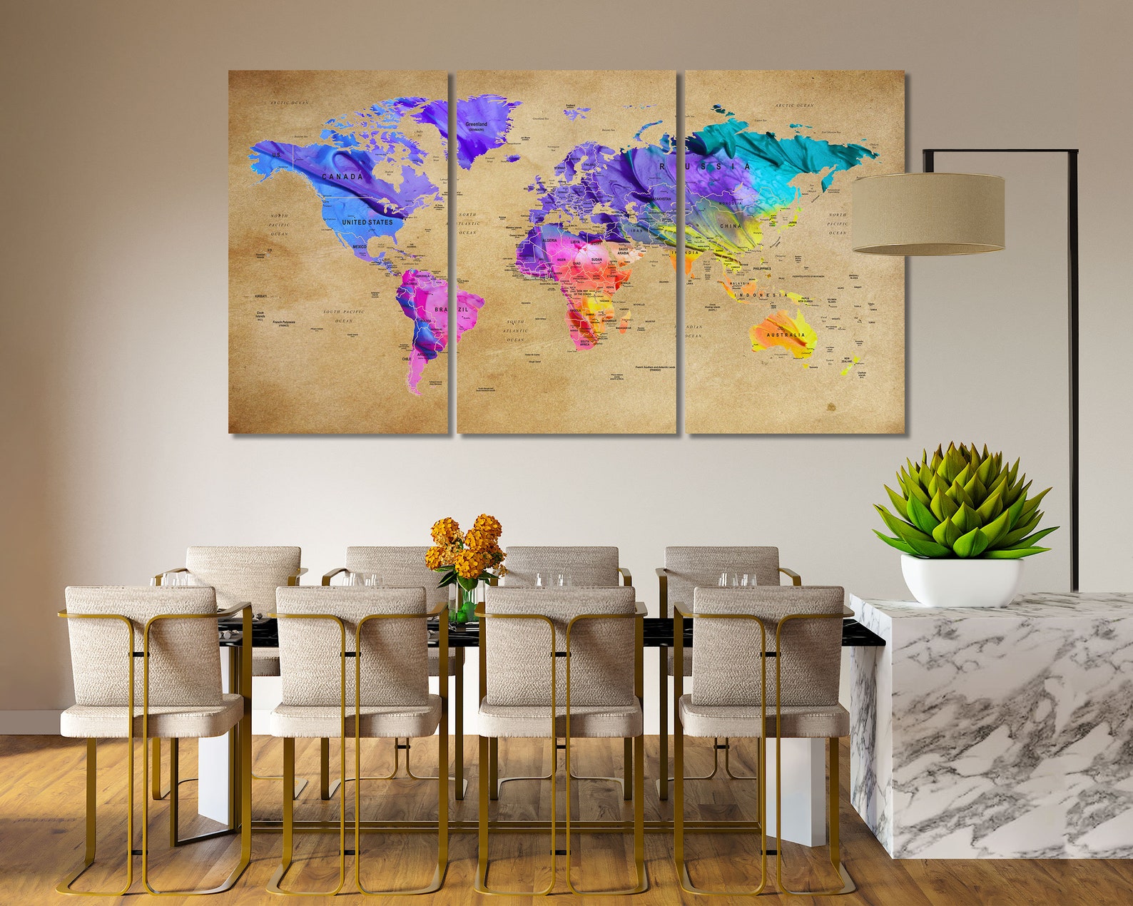 Colorful World Map Print Canvas, World Map Contemporary Art for Wall ...