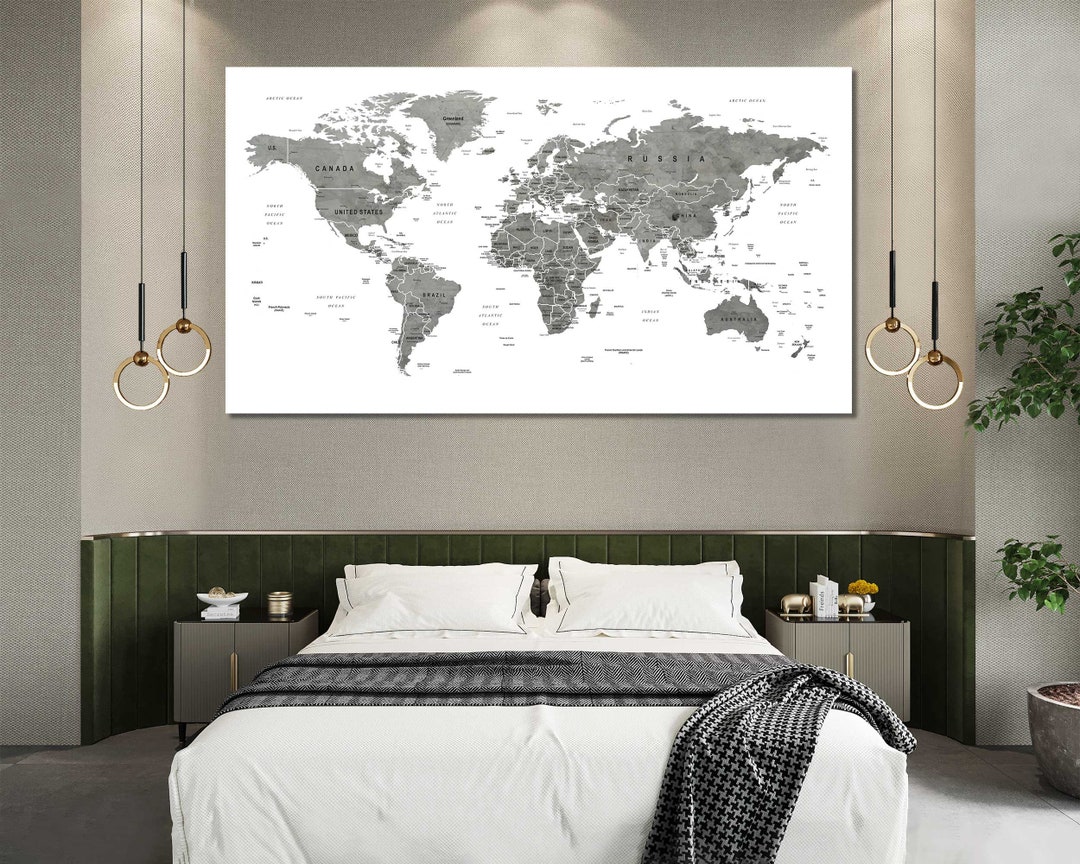 Gray World Map Art on Canvas, World Map Print Art on Canvas, Push Pins ...