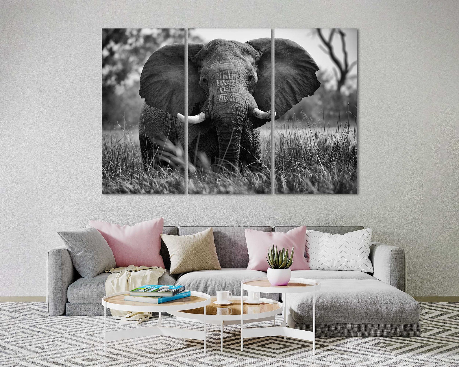 Canvas Set of Elephant, Elephant Living Room Wall Decor Ideas, Black ...