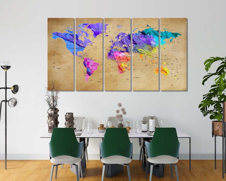 Colorful World Map Print Canvas, World Map Contemporary Art for Wall ...