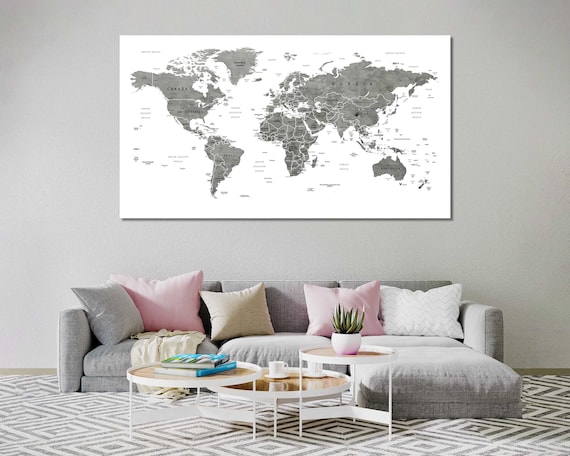 Gray World Map Art on Canvas World Map Print Art on Canvas - Etsy