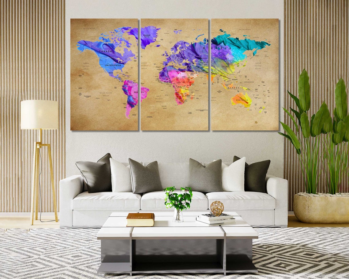 Colorful World Map Print Canvas World Map Contemporary Art - Etsy