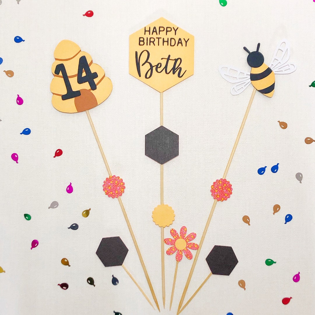 Bee Themed Cake Topper, Personalised Bumblebee, Beehive and Flowers ...
