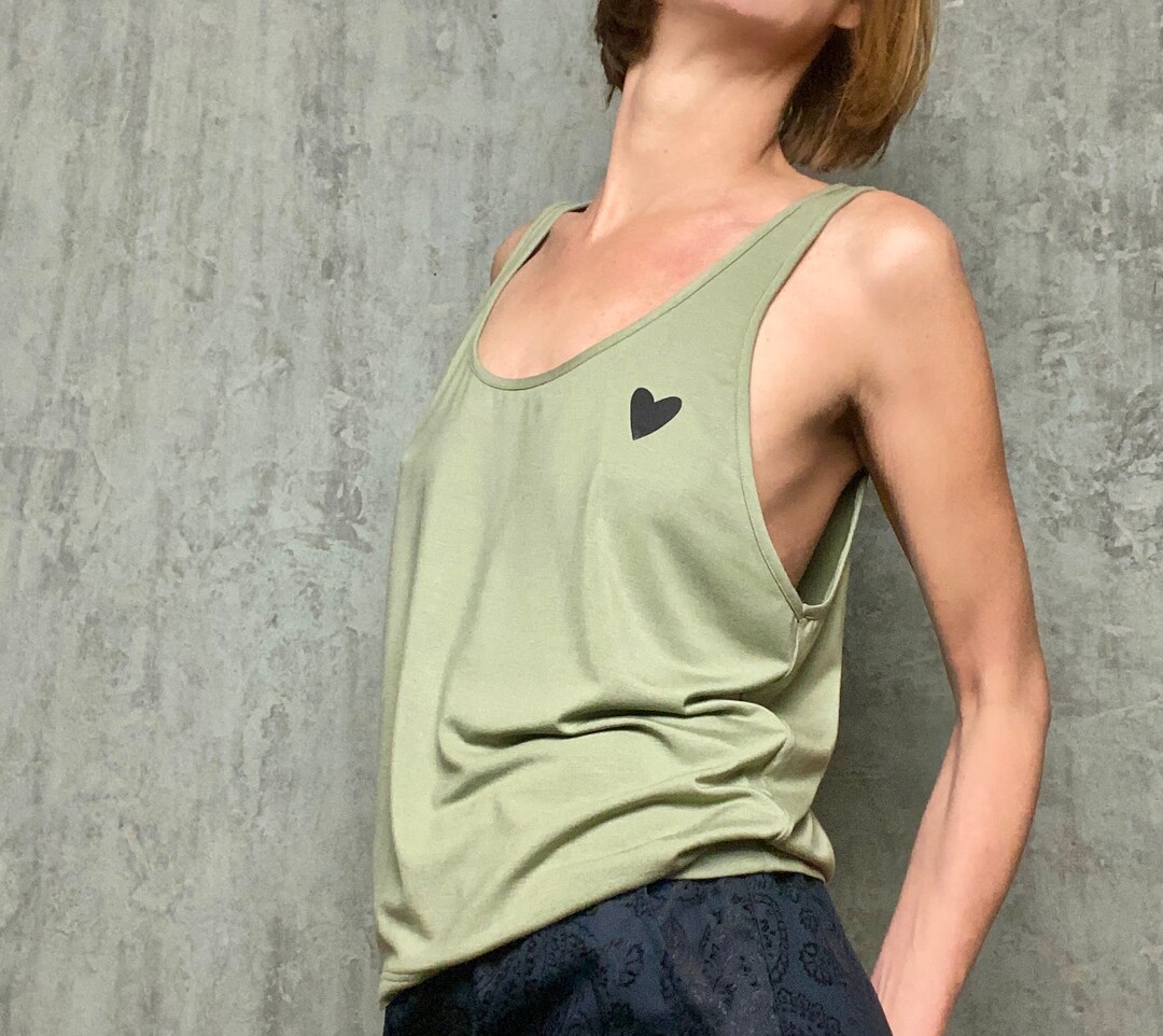 Loose Tencel Tank Top in Sage, With Black Heart, Tank Top Made of Soft ...