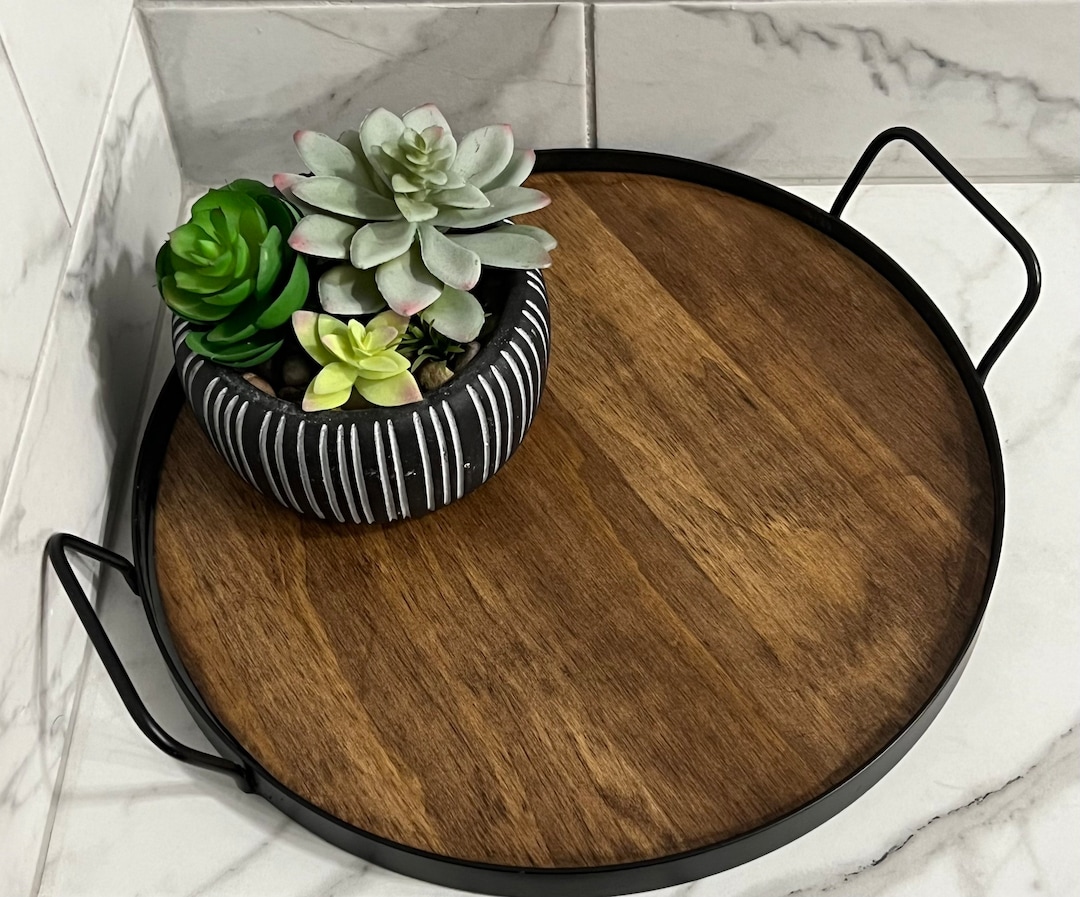 Round Rustic Serving Tray, Stained Round Serving Tray, Rustic Wood and ...