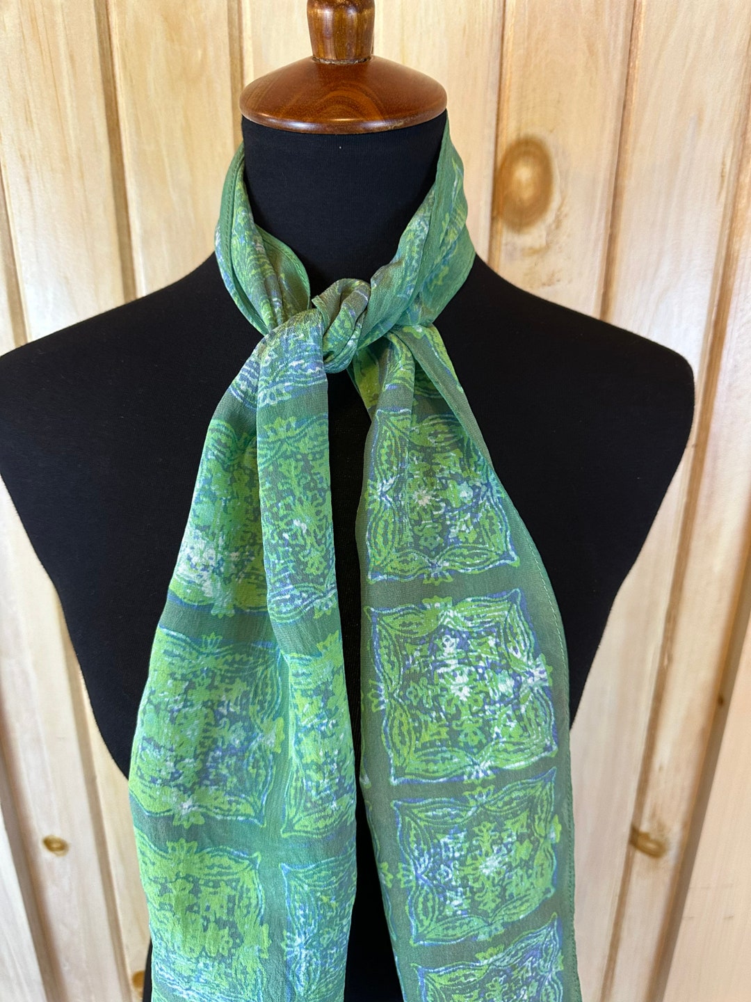 Green Tile Print Gand Painted Batik Silk Scarf - Etsy