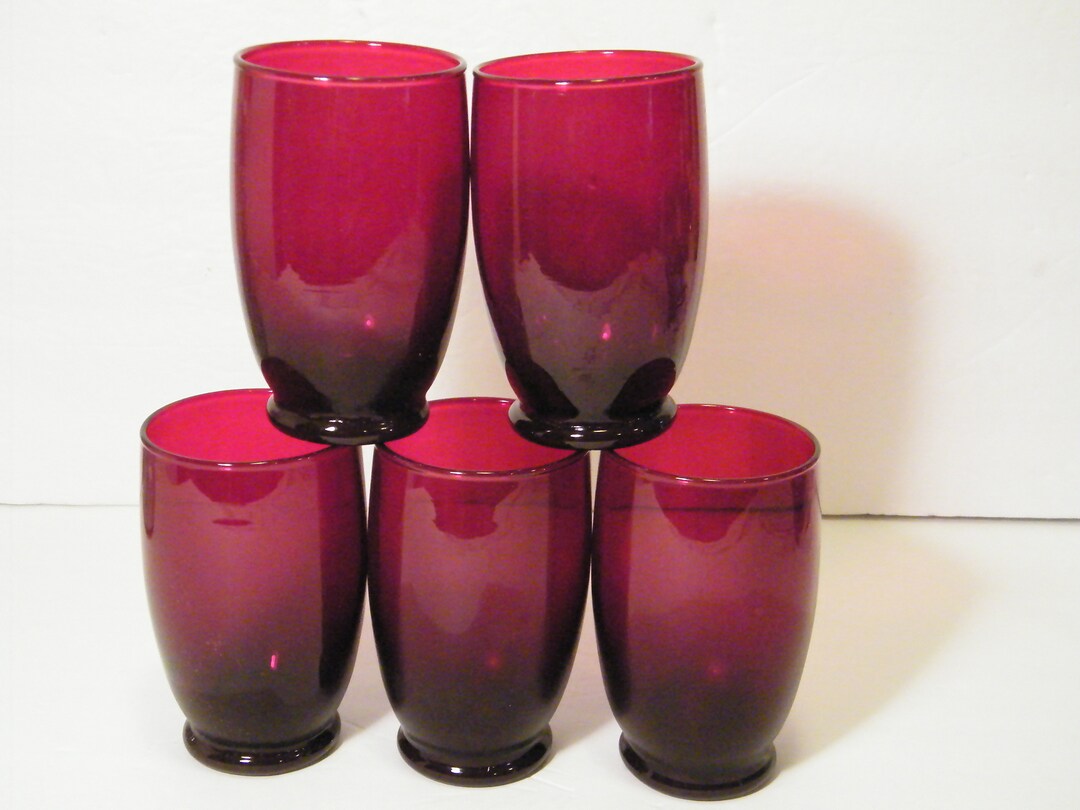 5 Ruby Red Water Glasses, Vintage Set of 10 Ounce Footed Drinkware for ...