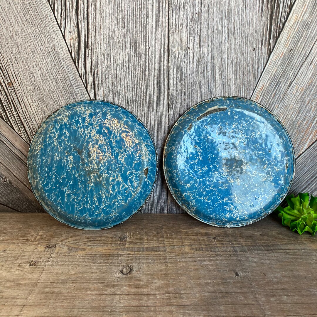 Vintage Blue Enamel Pie Plate Enamelware Basin Green Gray Graniteware ...