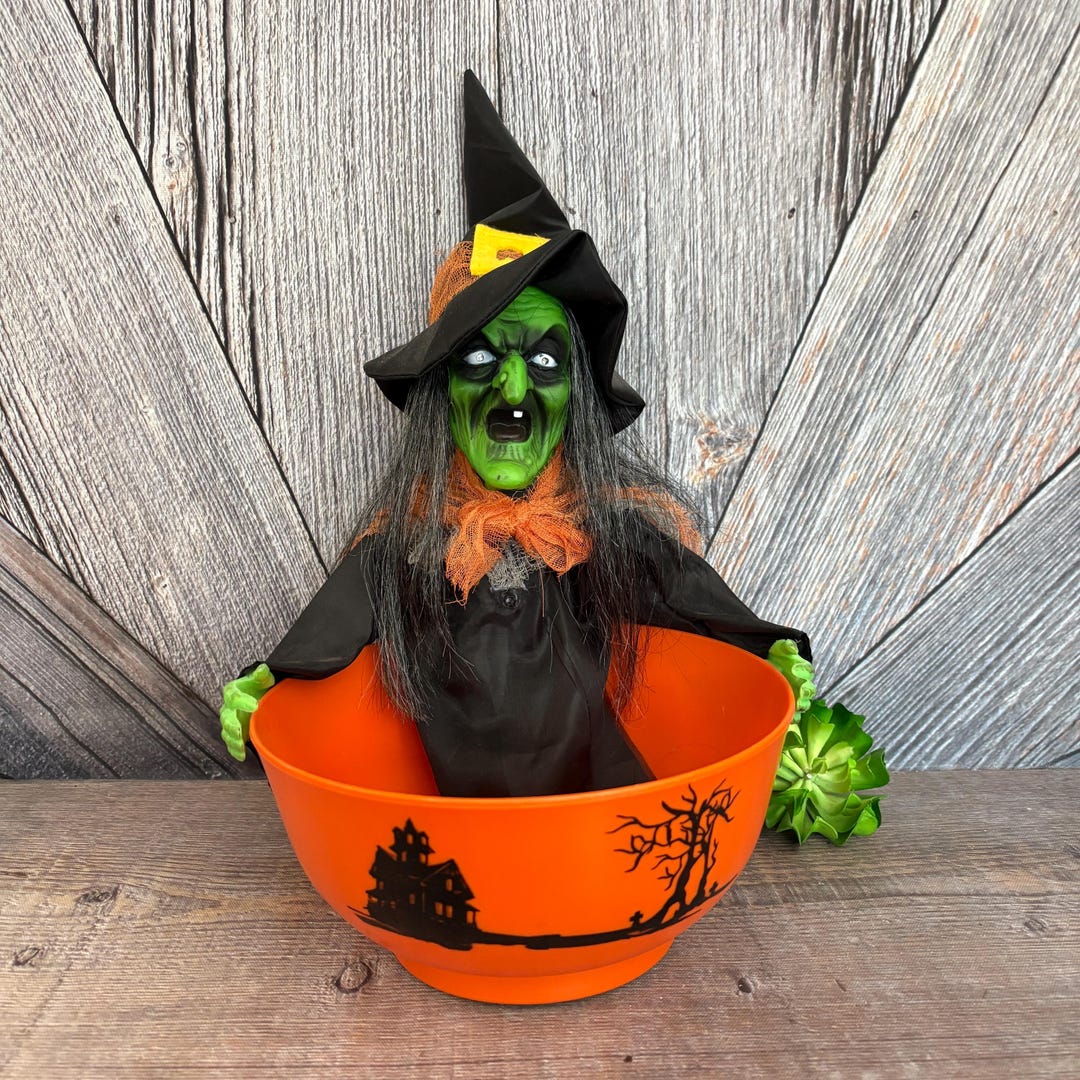 Vintage Halloween Candy Bowl, Witch Moving Talking Light up Bowl ...