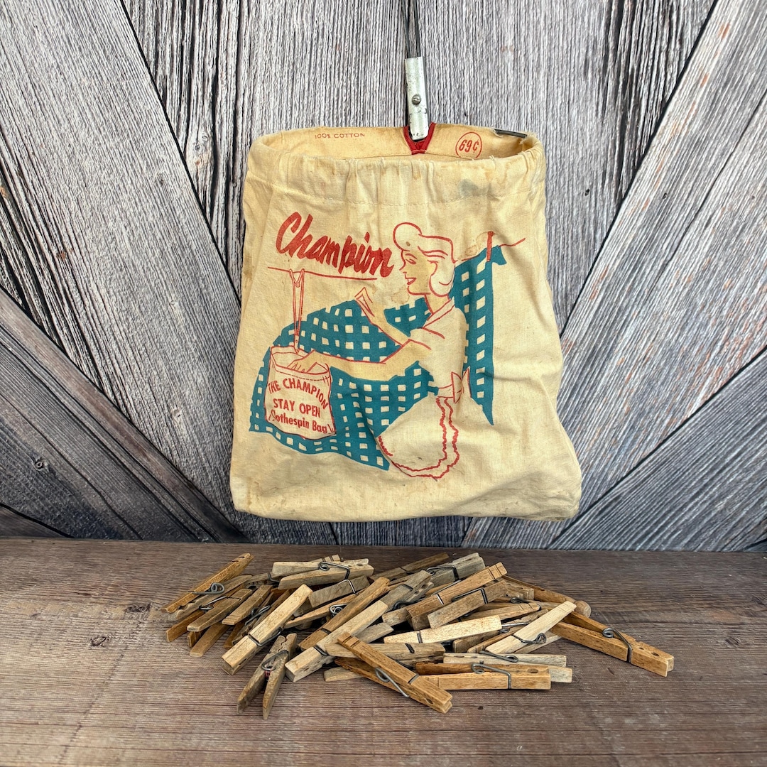 Vintage Clothespin Bag Champin Stays Open Clothes Pin Bag and 12 ...