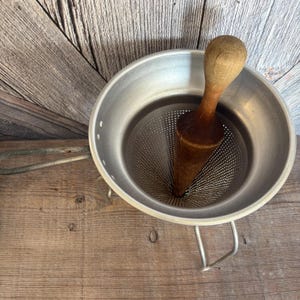 Vintage Strainer Sieve With Pestle Can Canning Applesauce Tripod Stand ...