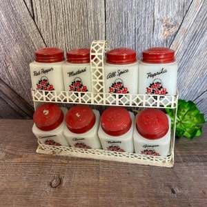 Vintage Tipp City Spice Rack Red Milk Glass Jars Complete 8 Jars and Tilt Rack Vintage Spice ...