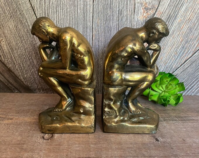 Vintage Metal the Thinker Bookends Book Ends 1928 Thinking Brass Rodin ...