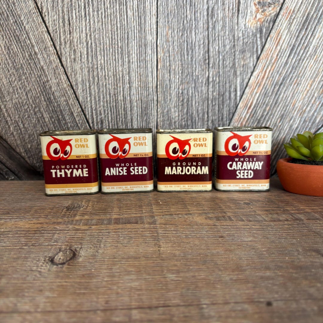 4 Vintage Red Owl Spice Tins Spices Shakers, Anise, Marjoram, Caraway ...