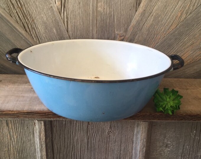 Vintage Enamel Large 18 Inch Bowl {enamelware Basin Blue Graniteware ...