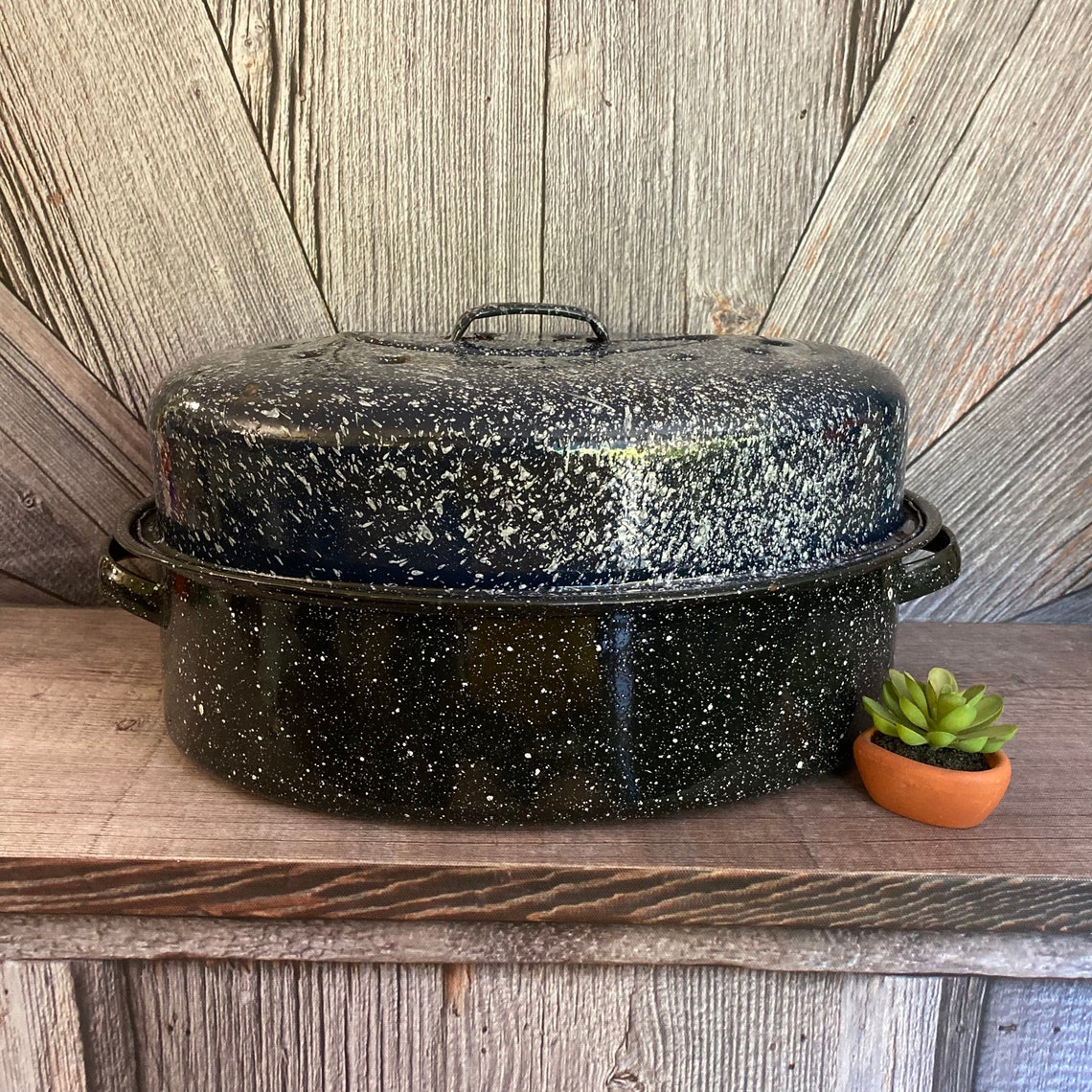 Vintage Enamel Roaster Roasting Pan Rooster Roaster Chicken Roaster ...