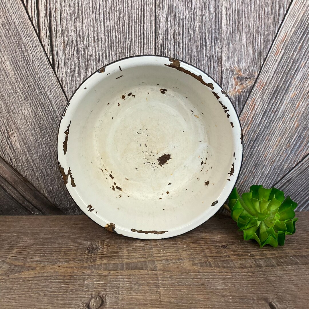 Vintage Enamel Small 9 Inch Bowl {enamelware Basin Indoor Garden} Herb ...