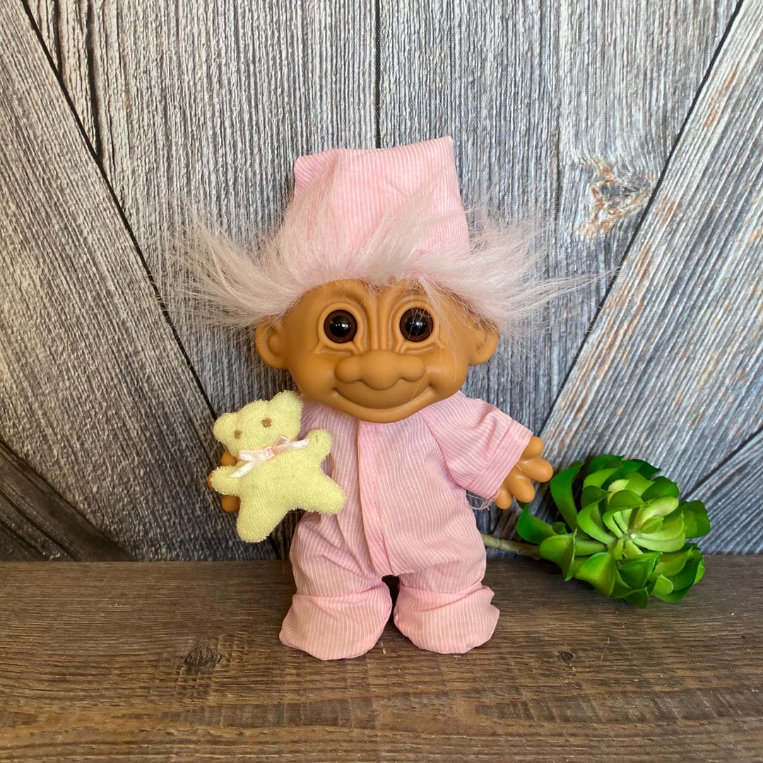 Vintage Girl Troll Doll pink Striped Pajama Troll Pink Hair Russ Berrie ...