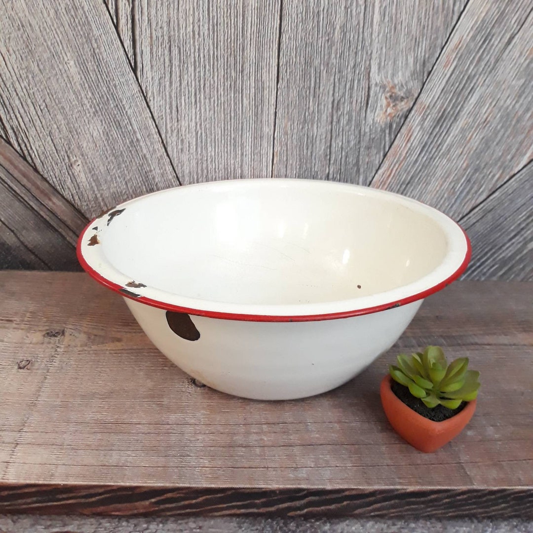 Vintage Enamel Small 12 Inch Bowl {enamelware Basin Indoor Garden} Herb ...