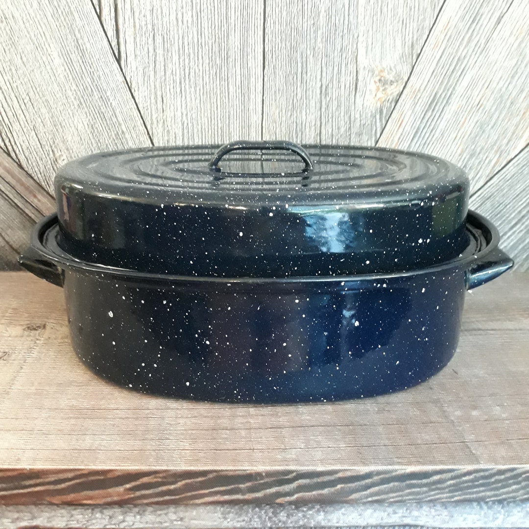 Vintage Enamel Roaster Roasting Pan Rooster Roaster Chicken Roaster ...