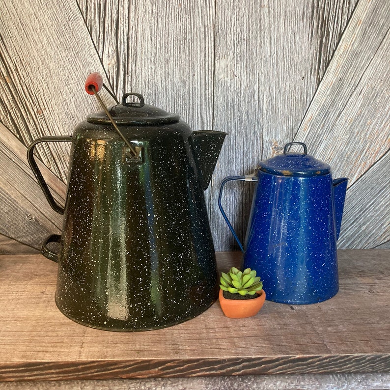 Vintage Enamel Coffee Pot Pitcher Tea Pot Tea Kettle Enamelware Kitchen ...