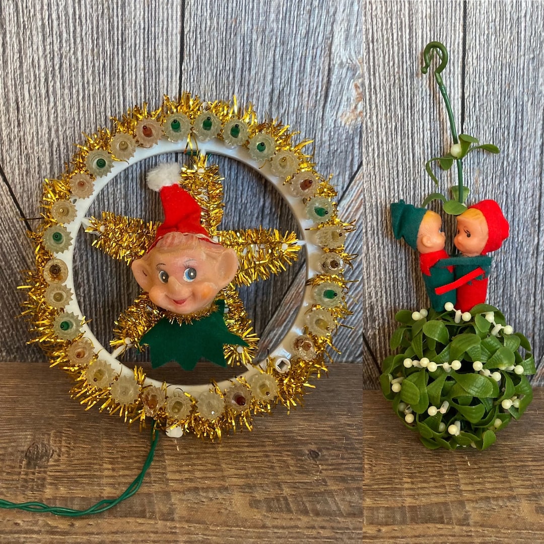 2 Vintage Christmas Elves Ornaments {pixie Elf Elves Japan Rubber Face ...