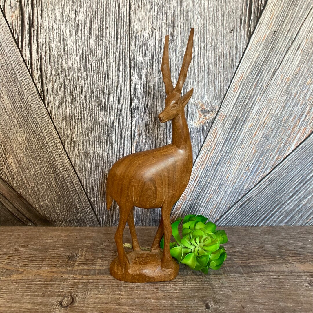 Hand Carved Wood Antelope Statue Vintage Art Deer Gazelle Animal ...