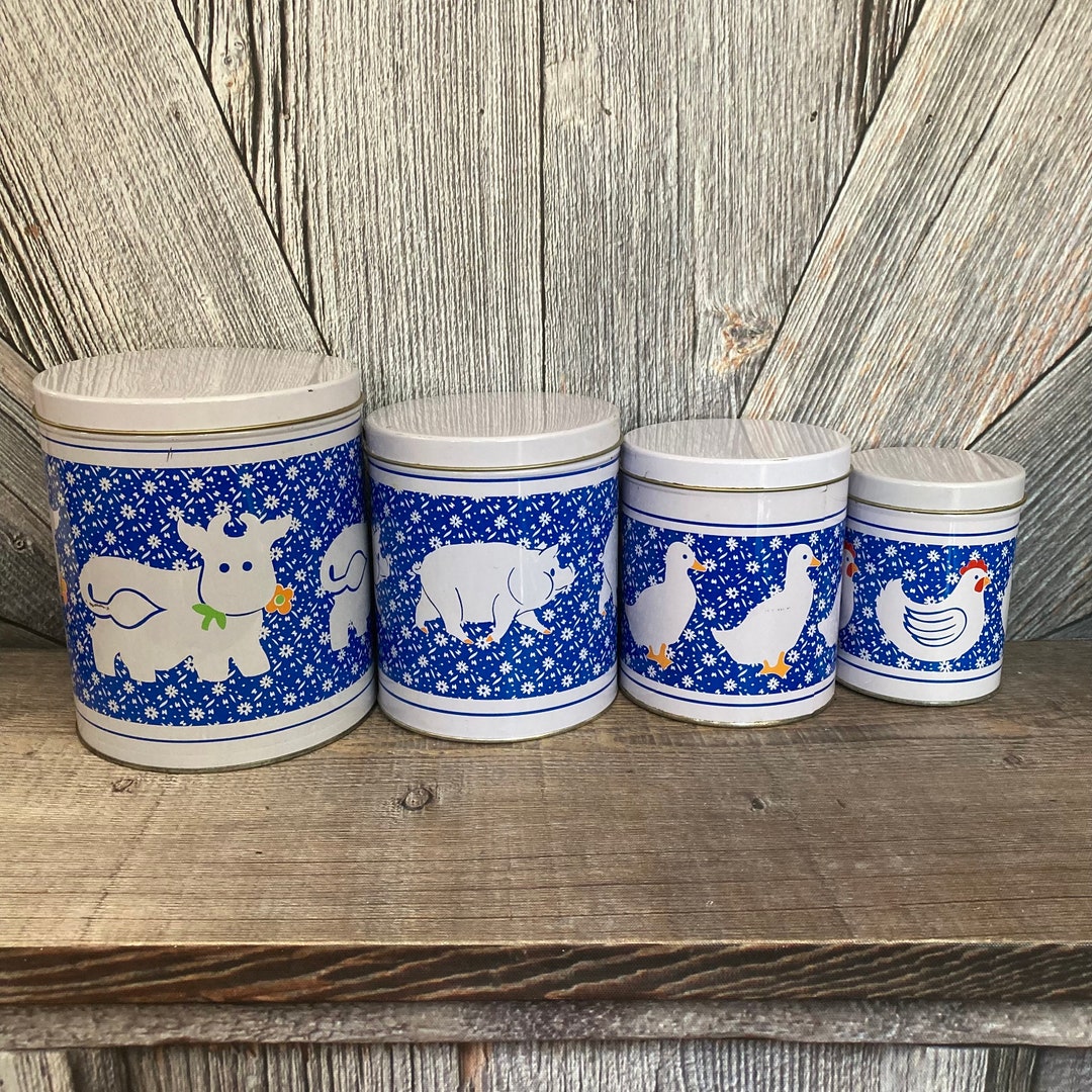 Vintage Canister Set Farm Animals, Blue and White Metal Canisters ...