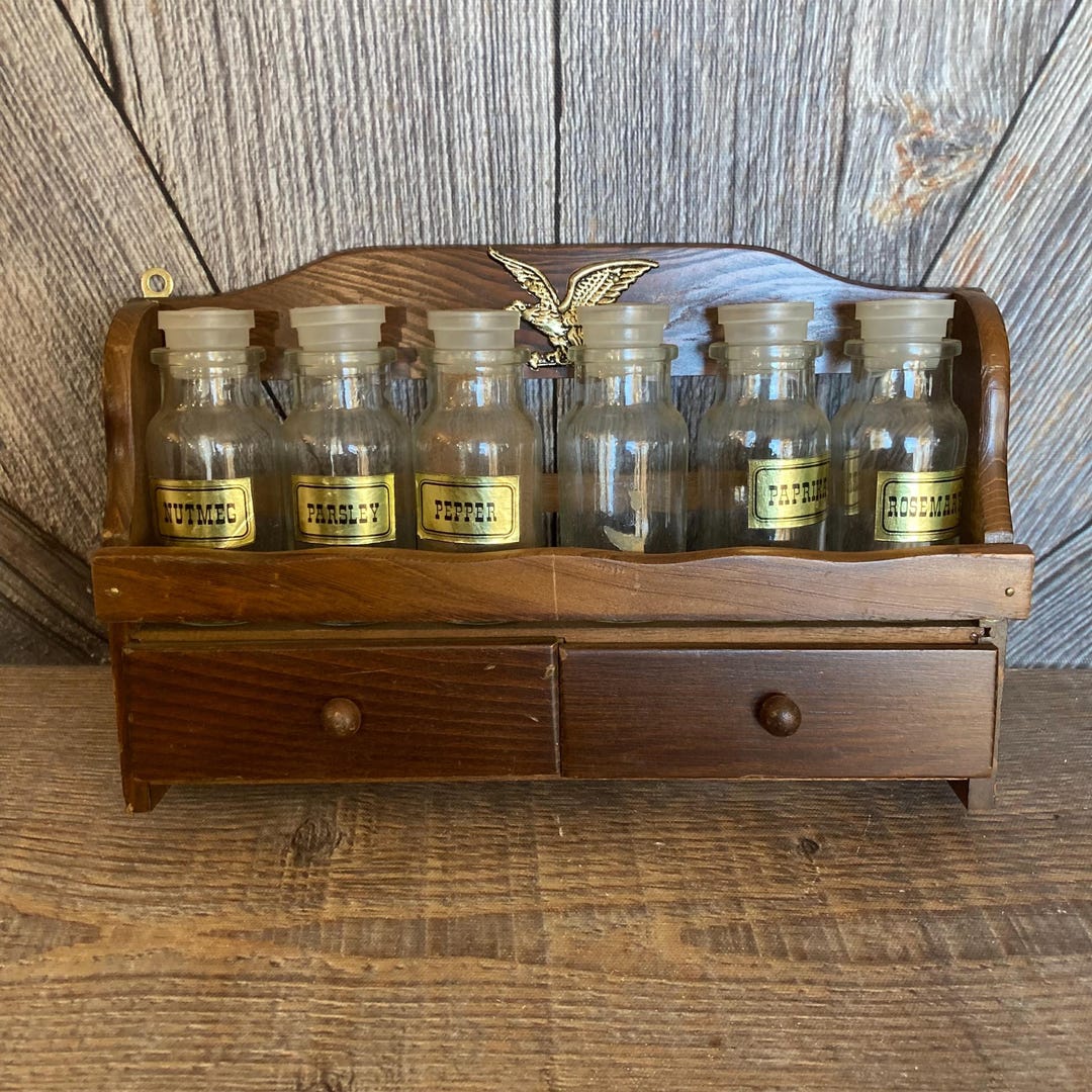 Vintage Wooden Spice Rack With Glass Jars Complete {vintage MCM Hanging ...