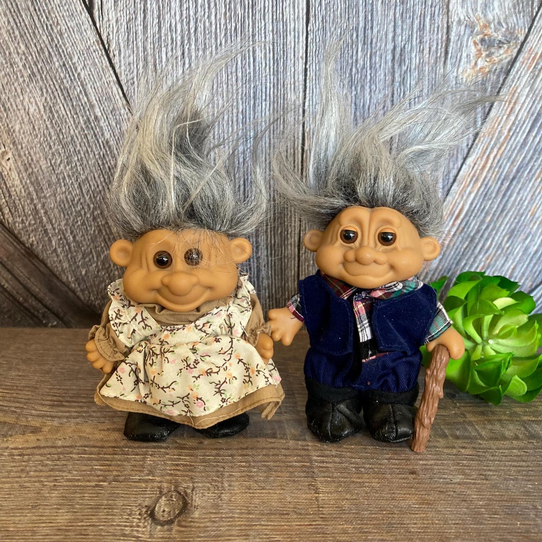2 Vintage Grandparents Troll Dolls Grandpa Troll Gray Grey Hair Troll ...