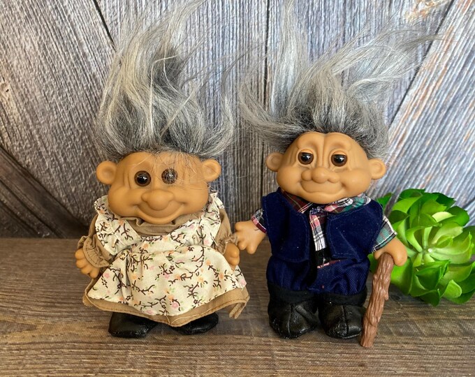 2 Vintage Grandparents Troll Dolls Grandpa Troll Gray Grey Hair Troll ...