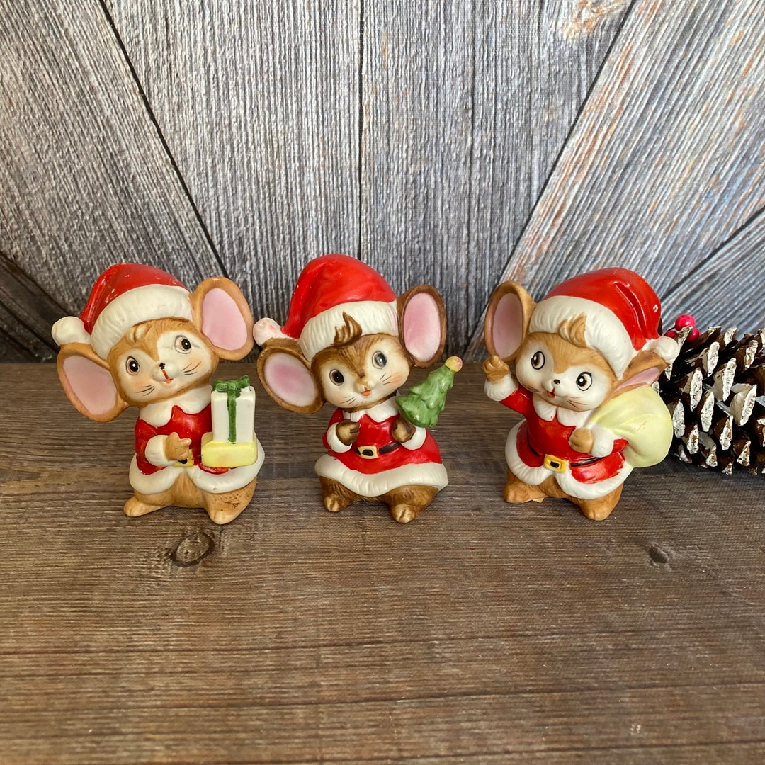 3 Vintage Christmas Mice Ceramic Dressed in Santa Outfit With Foam ...