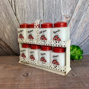 Vintage Tipp City Spice Rack Red Milk Glass Jars Complete 8 Jars and Tilt Rack Vintage Spice ...