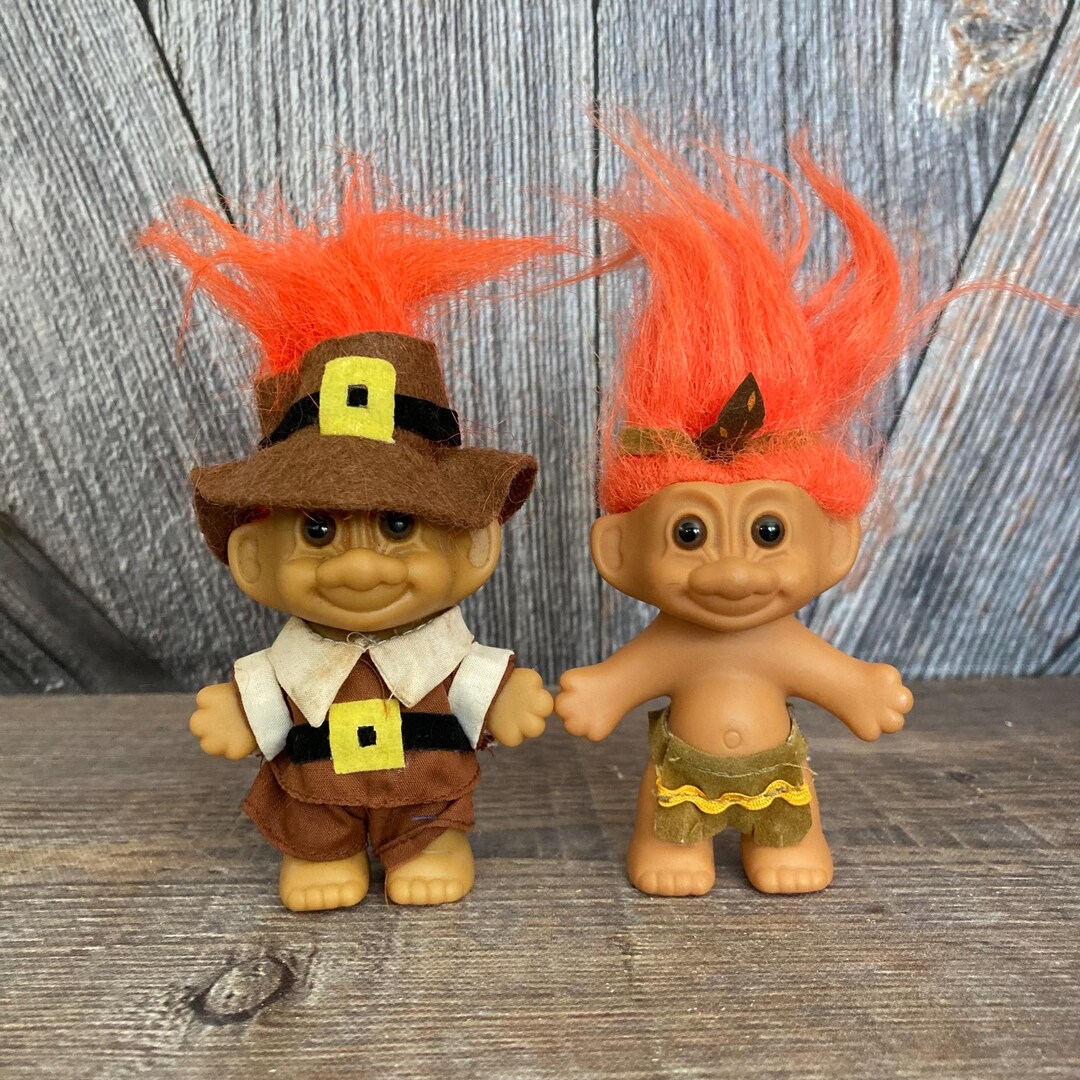 2 Vintage Thanksgiving Trolls pilgrim Native American Troll Russ Berrie Orange Hair thanksgiving ...