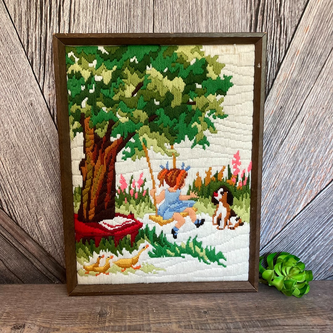Vintage Tree Swing Crewel Cross Stitch Embroidery {handmade Yarn Art Little Girl Dog Tapestry ...