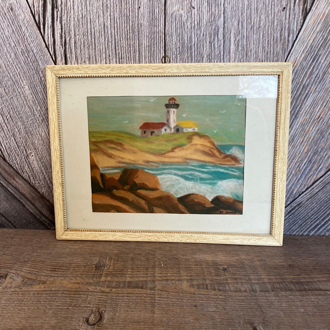 Vintage Oil Pastel Lighthouse Picture M Owen Art Travel Painting ...