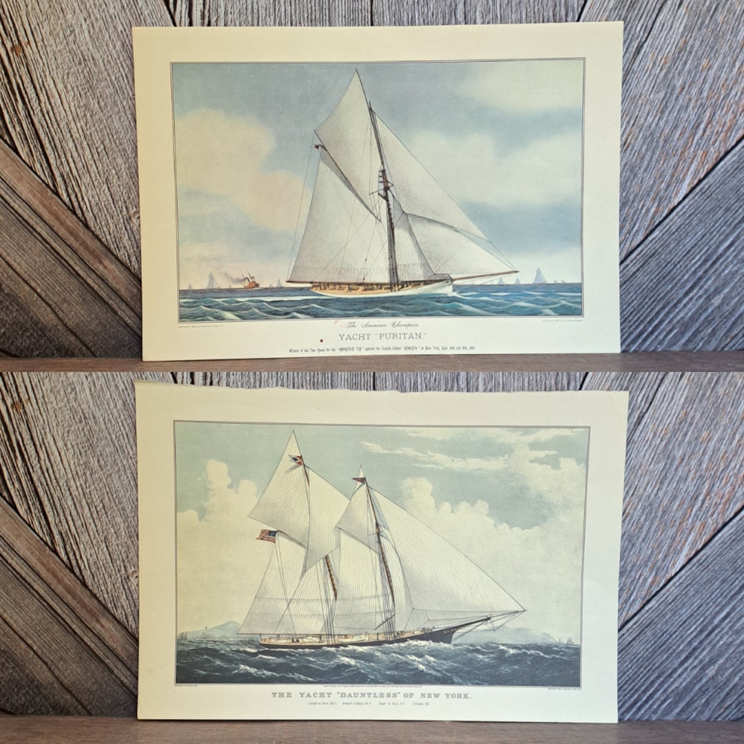 Pair Vintage Yacht Prints, Puritan and Dauntless of New York, Americas ...